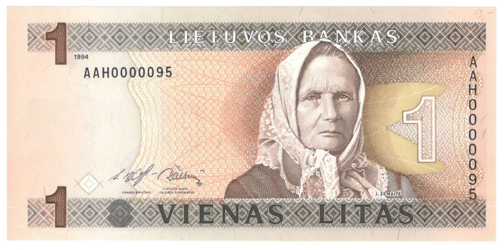Lietuva 1994 m 1 Litas Žemaitė UNC AAH0000095 | 19949378