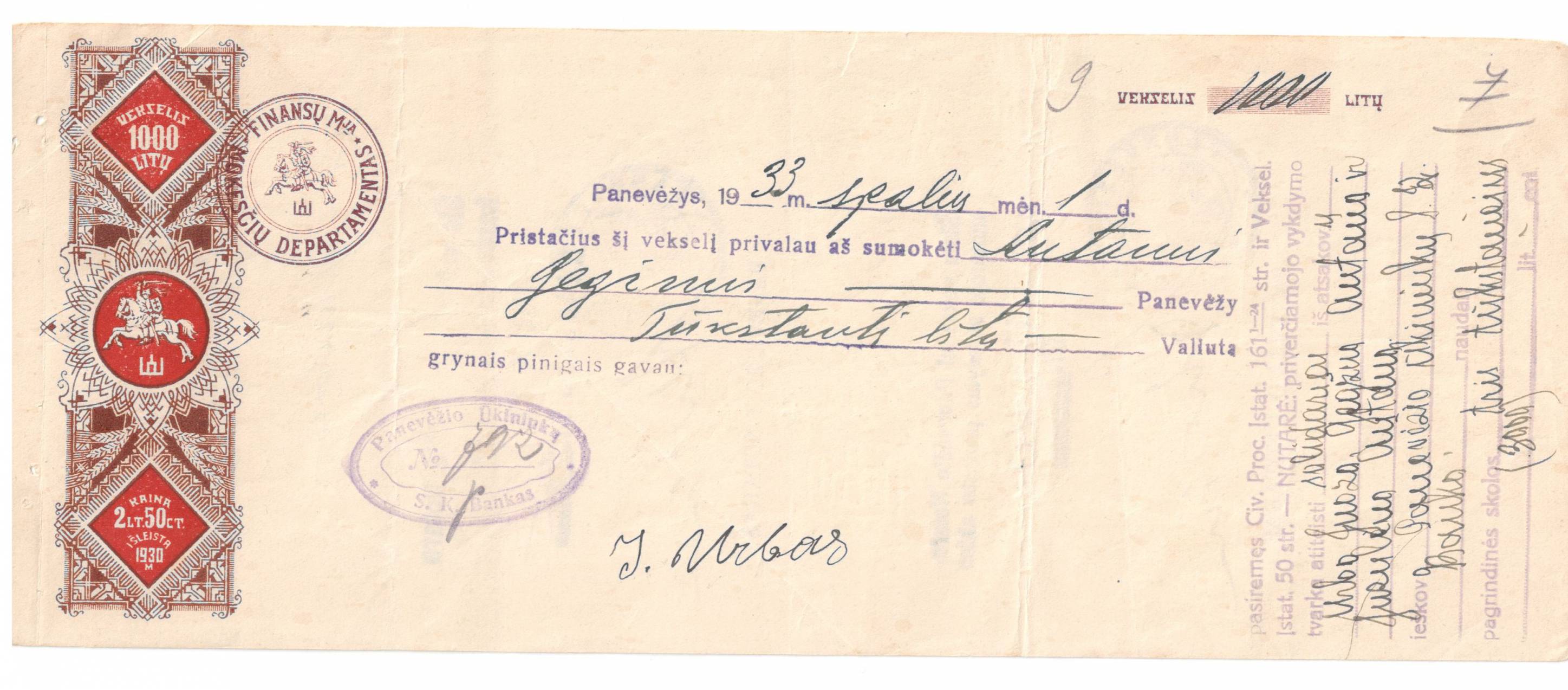 Vekselis 1000 lt 1930 M Lietuva | 23386373