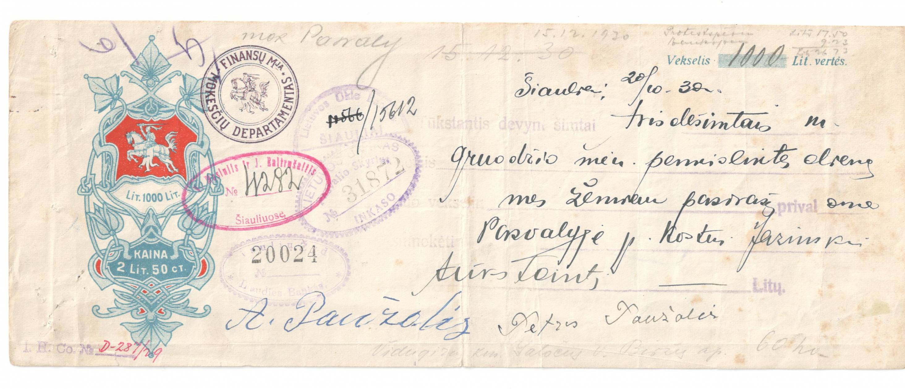 Vekselis 1925 1000 lt SPALVOTAS Lietuva | 24563173