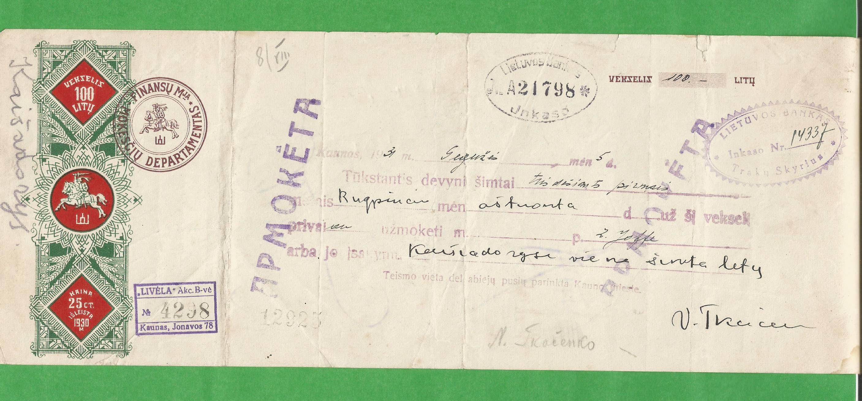 Vekselis - Lietuva - 100 Litų. Retas.1. Nuo 1 Euro | 26562187